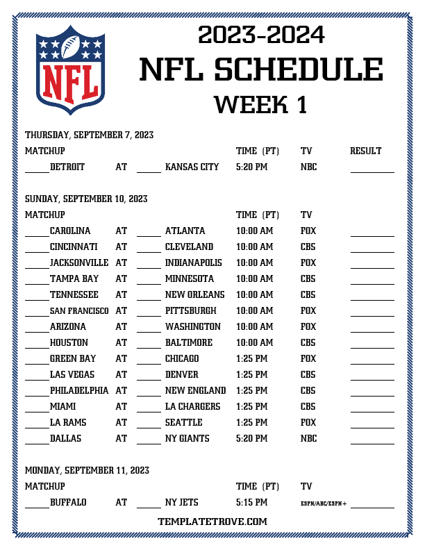 Printable 2023 2024 NFL Schedule Week 1 Printable 2023 2024 NFL Schedule Week 1
