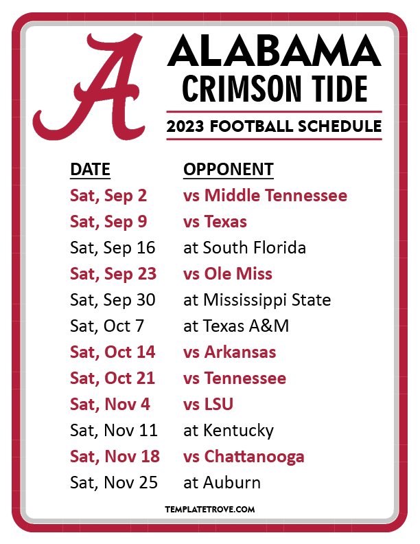 Printable 2023 Alabama Crimson Tide Football Schedule Printable 2023 Alabama Crimson Tide Football Schedule