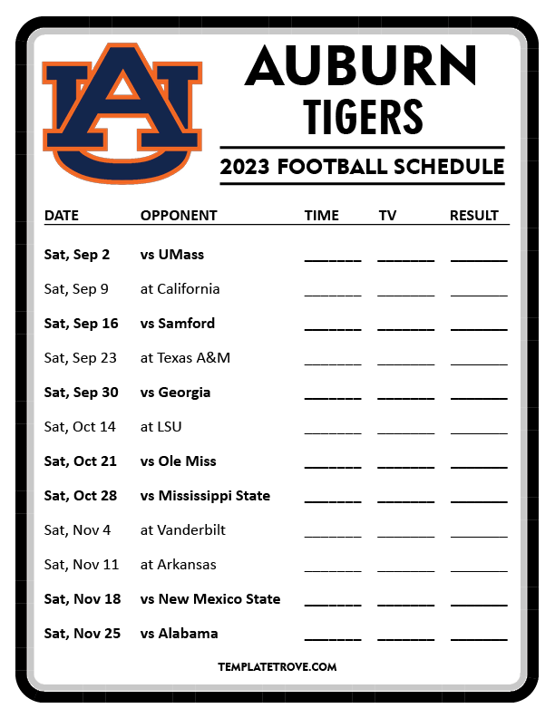 Printable 2023 Auburn Tigers Football Schedule Printable 2023 Auburn Tigers Football Schedule